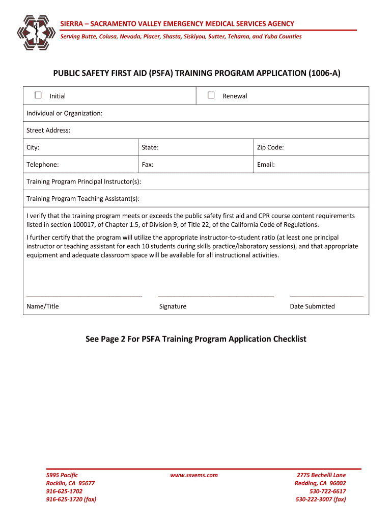 Fillable Online PUBLIC SAFETY FIRST AID PSFA TRAINING PROGRAM Fax Email ...