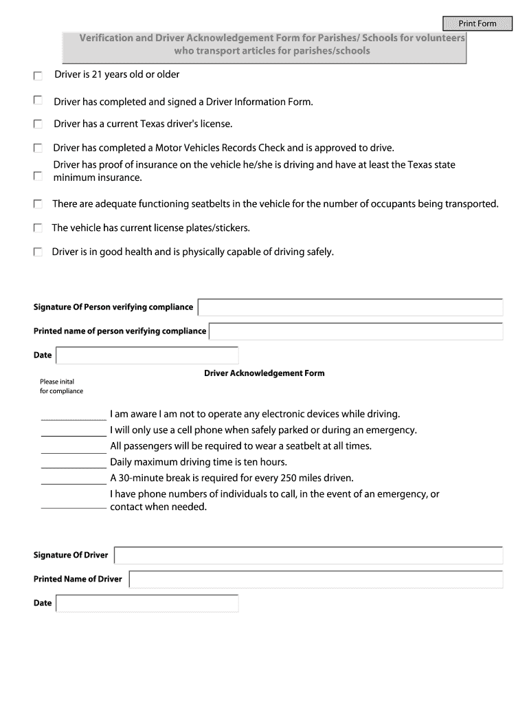 Fillable Online victoriadiocese Verification and Driver Acknowledgement ...