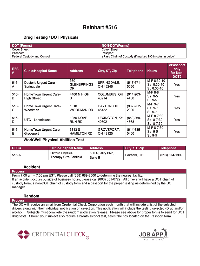 Fillable Online Reinhart #516 Drug Testing / DOT Physicals DOT (Forms ...