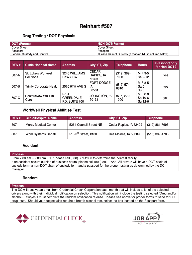 Fillable Online Reinhart #507 Drug Testing / DOT Physicals DOT (Forms ...