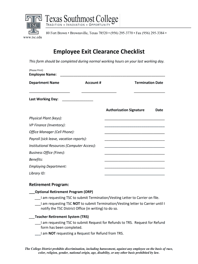 Fillable Online Employee Exit Clearance Checklist - Texas Southmost ...