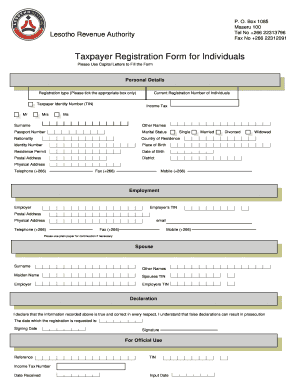 Fillable Online Taxpayer registration form for Individuals Fax Email ...