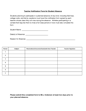 Fillable Online carrollhs Teacher Notification Form for Student Absence ...