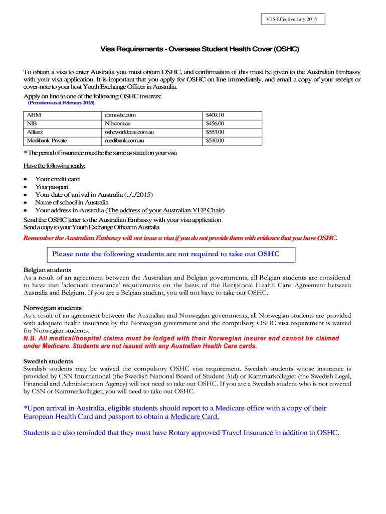 Fillable Online Visa Requirements - Overseas Student Health Cover (OSHC ...