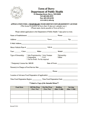 Fillable Online derry nh APPLICATION FOR A LICENSE TO OPERATE A ...