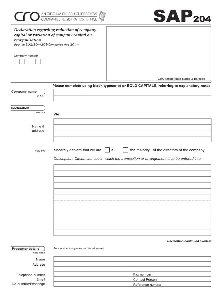 Fillable Online SAP 204 - Declaration regarding reduction of company ...
