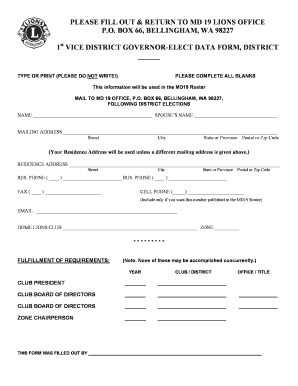 Fillable Online PLEASE FILL OUT RETURN TO MD 19 LIONS OFFICE PO BOX 66 ...