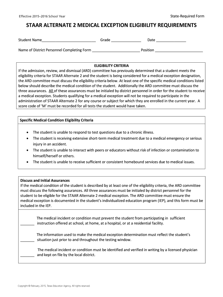 Fillable Online curriculum wacoisd Staar alternate 2 medical exception ...