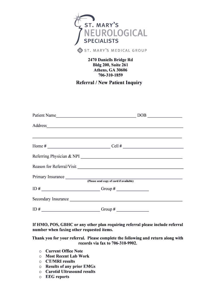 Fillable Online stmarysathens Referral New Patient Inquiry Fax Email ...