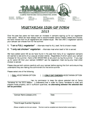 Fillable Online VEGETARIAN SIGNUP FORM Fax Email Print - pdfFiller