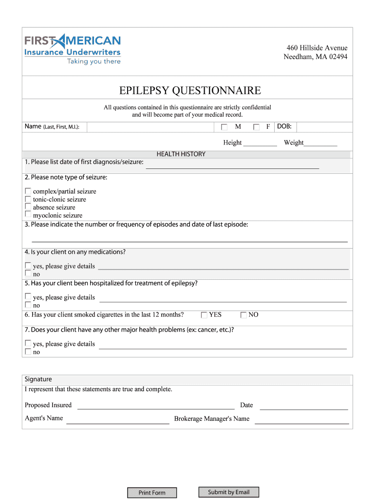 Fillable Online EPILEPSY QUESTIONNAIRE - faiucom Fax Email Print ...