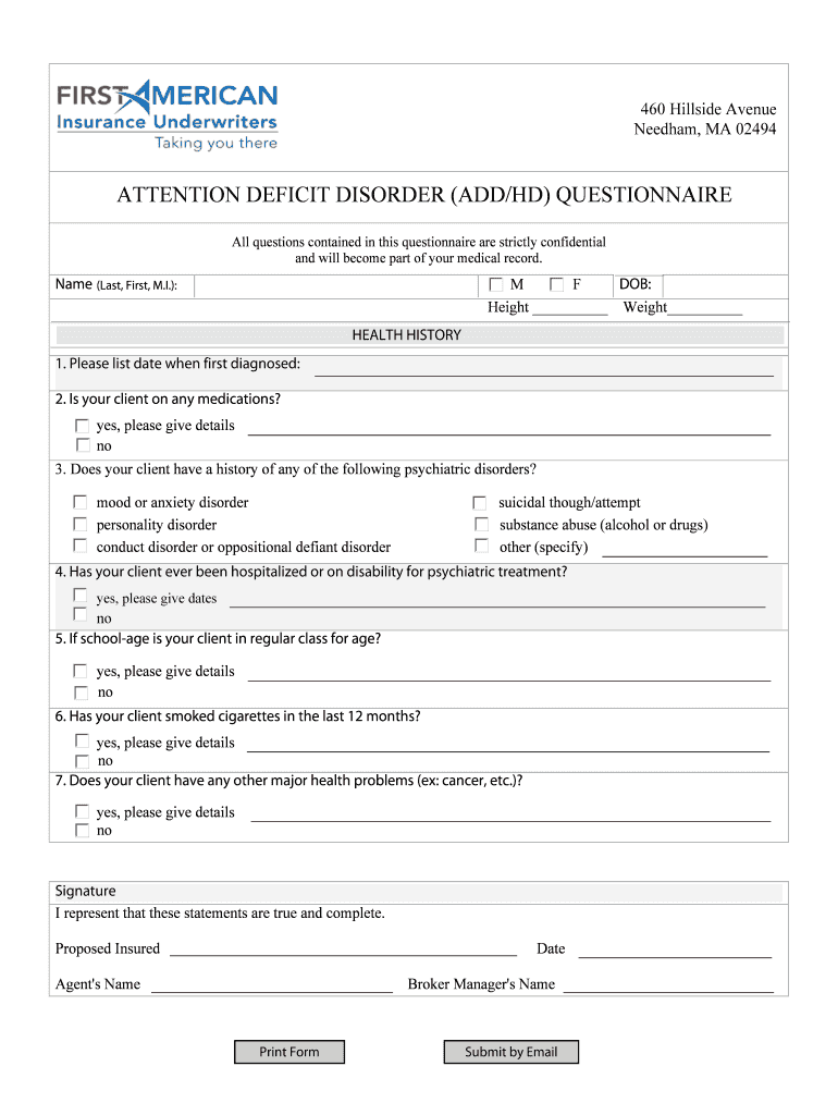 Fillable Online ATTENTION DEFICIT DISORDER ADDHD QUESTIONNAIRE Fax ...