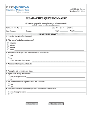 Fillable Online 460 Hillside Avenue Needham, MA 02494 HEADACHES ...