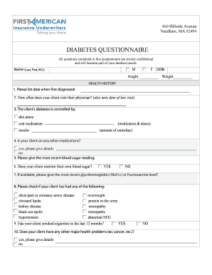 Fillable Online DIABETES QUESTIONNAIRE - FAIU Fax Email Print - pdfFiller