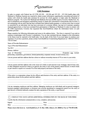 Fillable Online CMS Worksheet - ActivHealthCare Fax Email Print - pdfFiller
