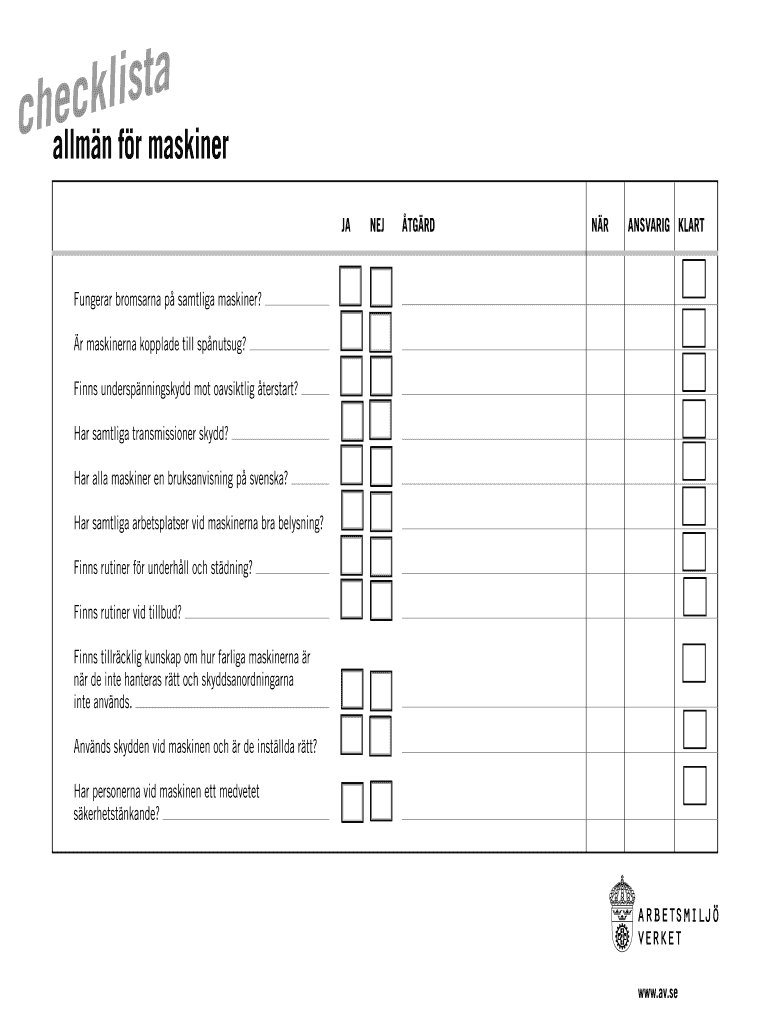 Fillable Online Checklista allmn fr maskiner Checklista Fax Email Print ...
