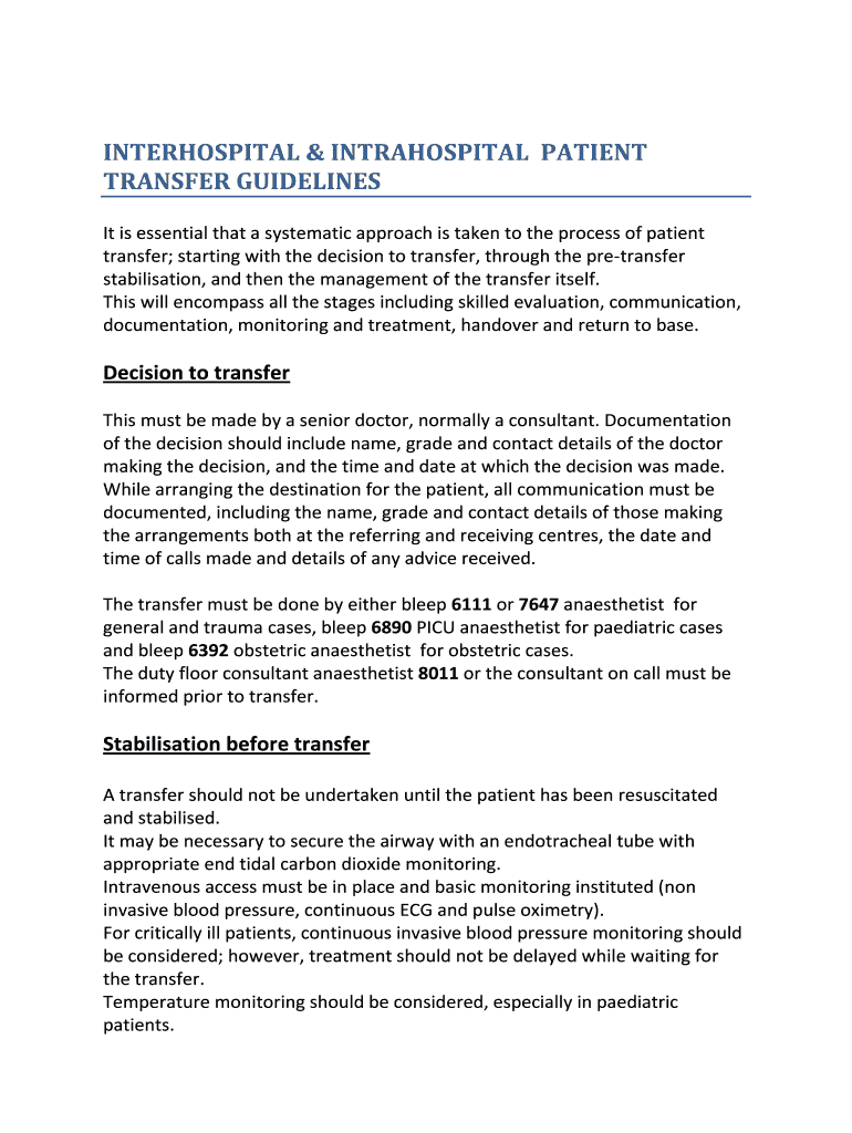 Fillable Online INTERHOSPITAL & INTRAHOSPITAL PATIENT Fax Email Print ...