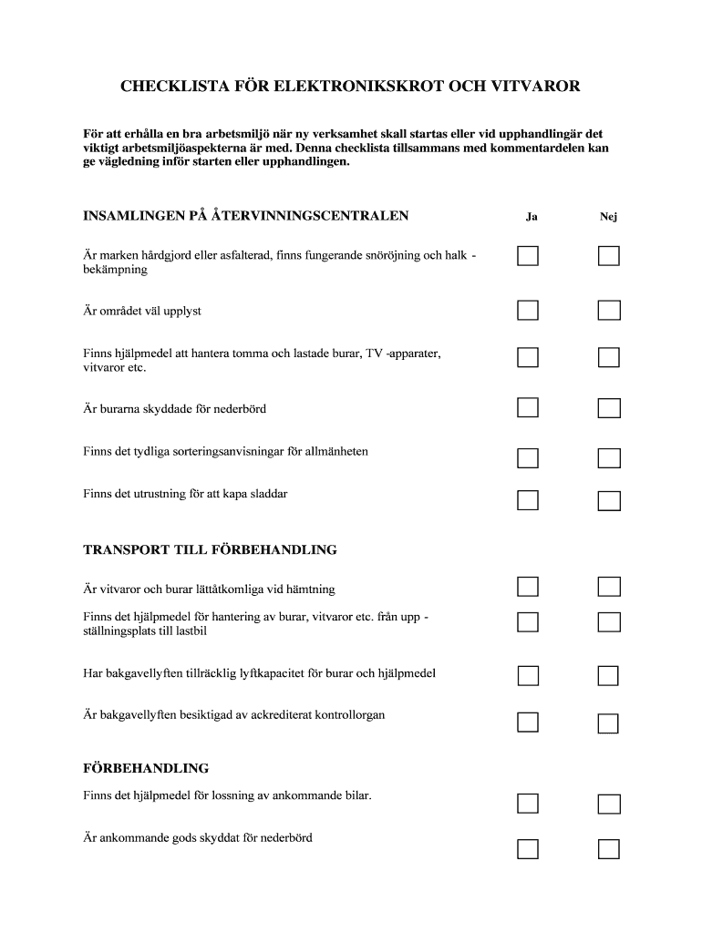 Fillable Online Tervinning av elektronikskrot och vitvaror checklista tervinning Fax Email Print ...