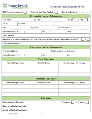 Fillable Online Volunteer Application Form - Sunnybrook Hospital Fax ...