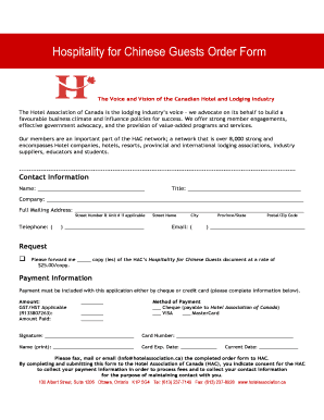 Fillable Online Hospitality for Chinese Guest Order Form Fax Email ...