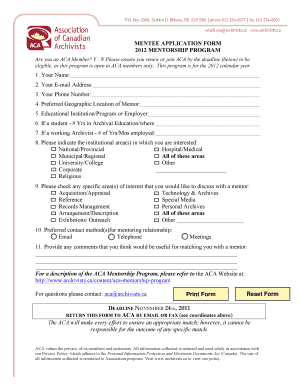 Fillable Online MENTEE APPLICATION FORM 2012 MENTORSHIP PROGRAM Fax ...