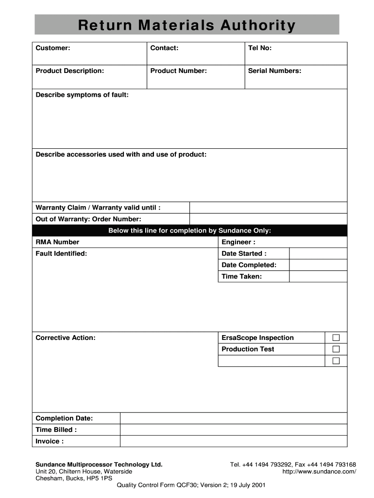 Fillable Online Quality Control Form QCF30 Retruned Materials Authority ...