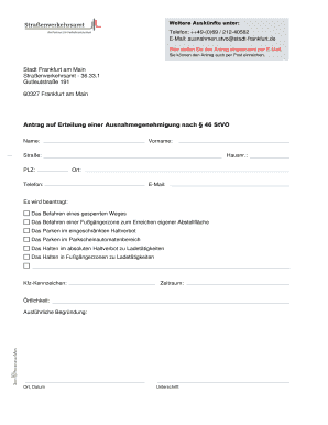 Ausfüllbar Online Antrag auf Erteilung einer Ausnahmegenehmigung nach 46 StVO Fax Email Drucken ...