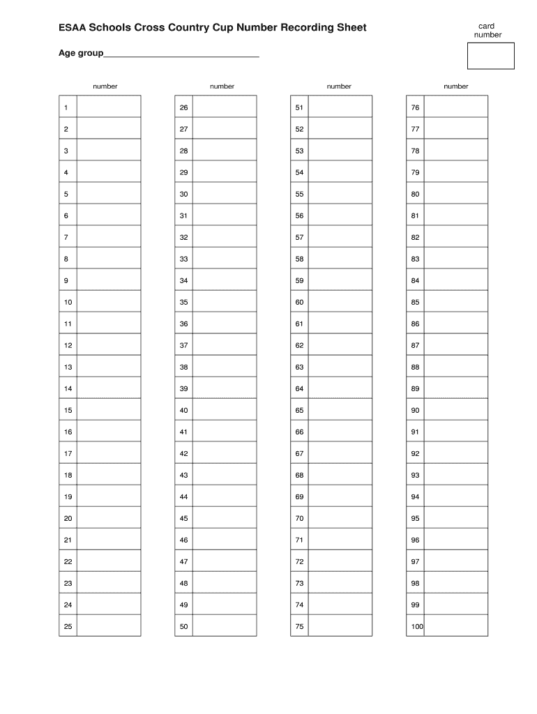 Fillable Online ESAA Schools Cross Country Cup Number Recording Sheet ...