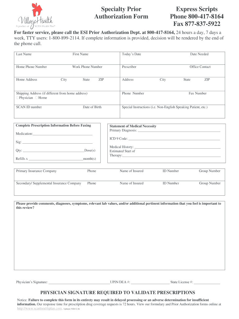 Fillable Online Specialty Prior Express Scripts Authorization Form ...