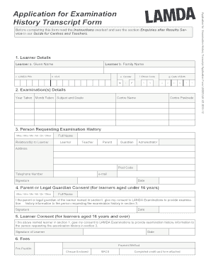 Fillable Online Application for Examination History Transcript Form Fax ...