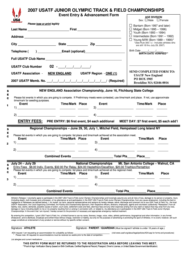 Fillable Online usatfne 2007 USATF JUNIOR OLYMPIC TRACK & - usatfne Fax ...