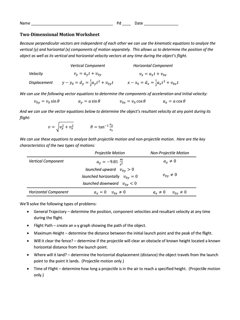 Fillable Online acschools Two-Dimensional Motion Worksheet - acschools ...
