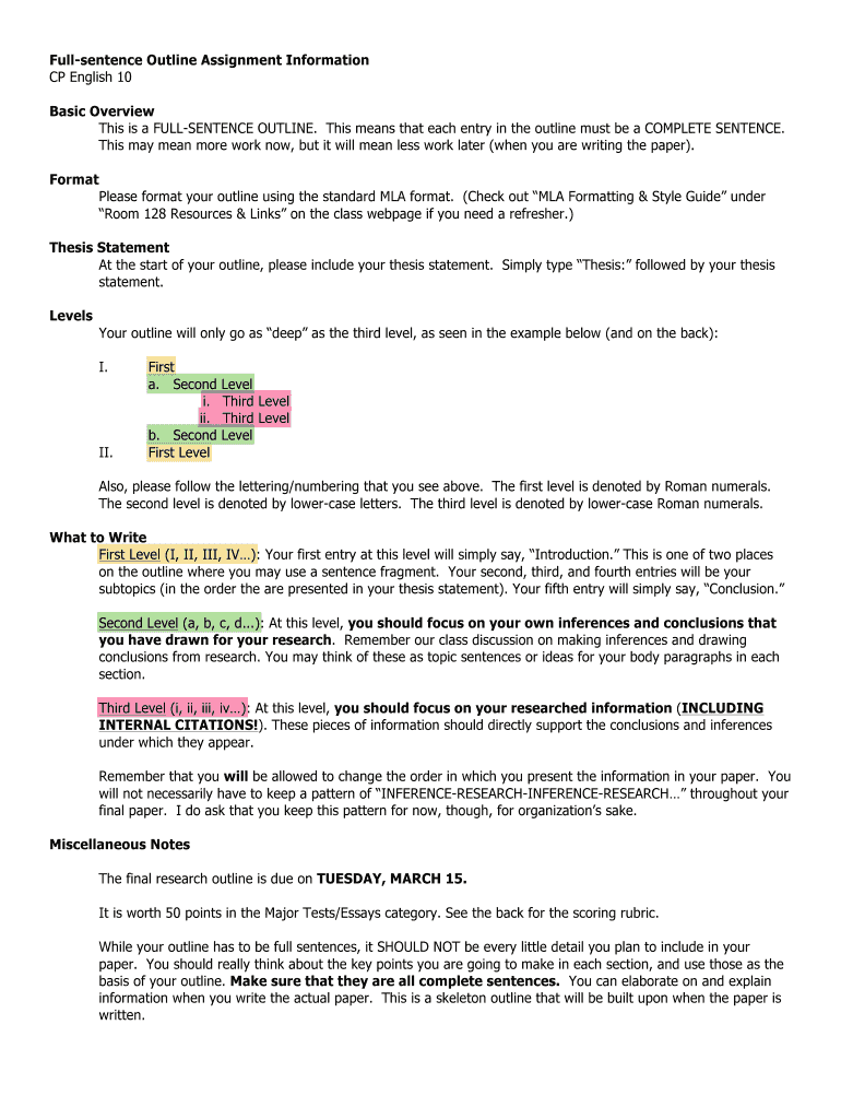 Fillable Online Full-sentence Outline Assignment Information Fax Email ...