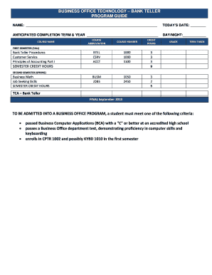 Fillable Online rpcc BUSINESS OFFICE TECHNOLOGY BANK TELLER PROGRAM ...