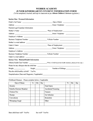 Fillable Online Junior Kindergarten Student Information Form - Webber ...