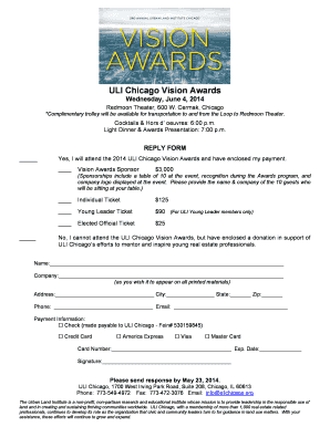Fillable Online chicago uli Vision Awards Reply Form2014 Fax Email ...