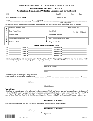 Fillable Online Typewritten Time of Birth CORRECTION OF BIRTH RECORD ...