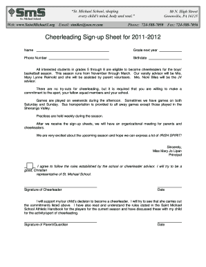 Fillable Online saintmichael1 Cheerleading Sign-up Sheet for 2011-2012 ...