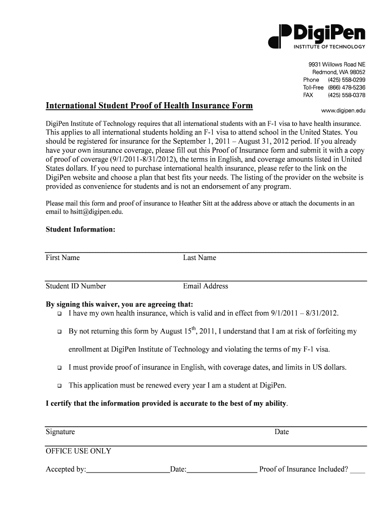 Fillable Online digipen International Student Proof of Health Insurance Form - digipen Fax Email ...