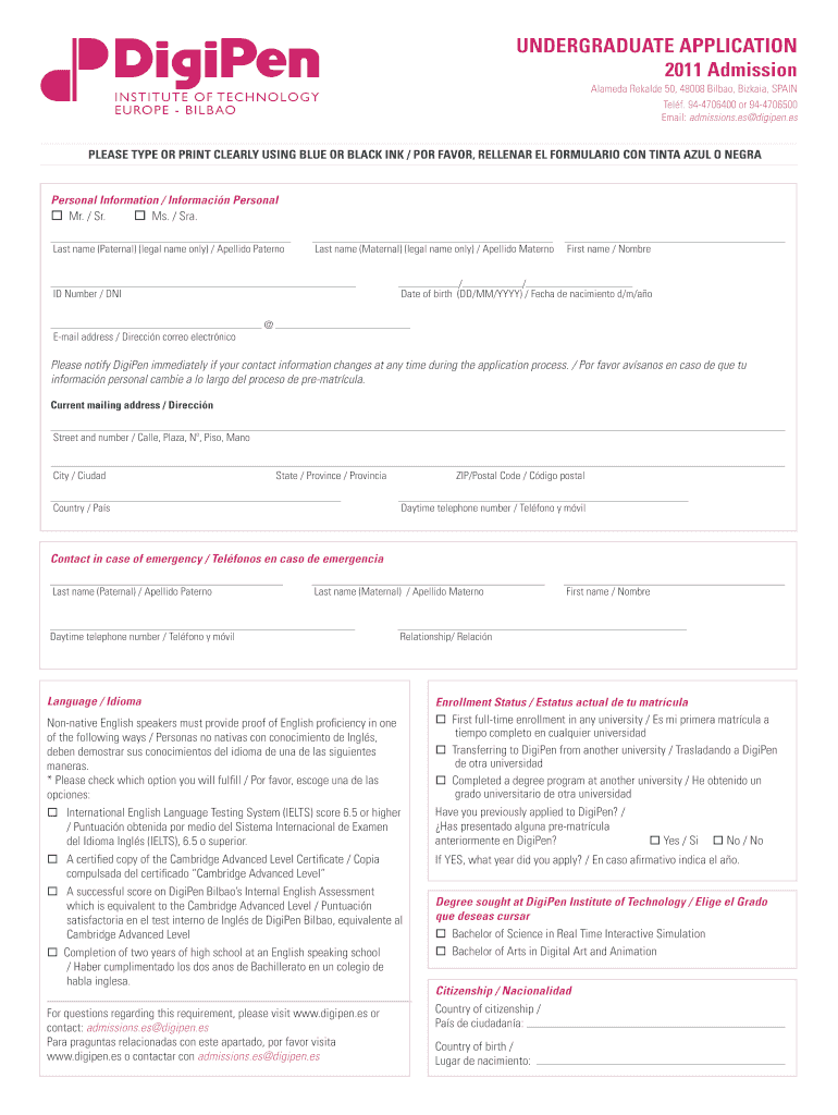 Fillable Online management digipen UNDERgRADUATE APPLIcATION 2011 Admission Fax Email Print ...