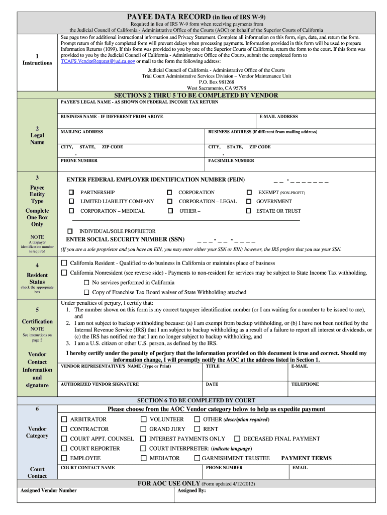 Fillable Online Payee Data Record Form Fax Email Print - pdfFiller