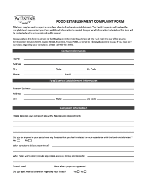 Fillable Online FOOD ESTABLISHMENT COMPLAINT FORM Fax Email Print ...