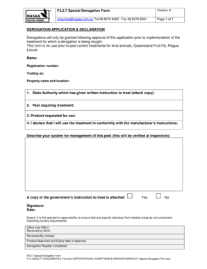 Fillable Online F327 Special Derogation Form - NASAA - Welcome Fax ...