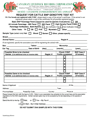 Fillable Online REQUEST FOR CATTLE SNP GENOTYPE TEST KIT - clrcca Fax ...