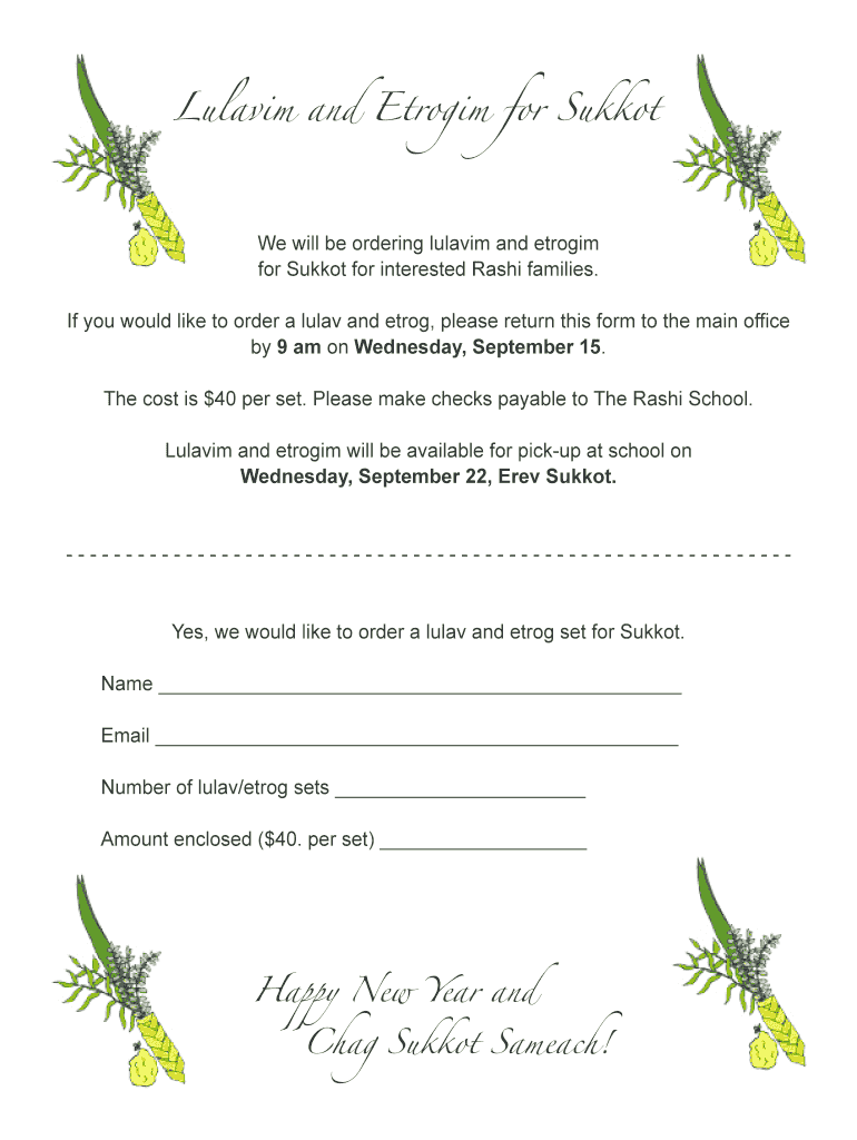 Fillable Online Lulavim and Etrogim for Sukkot - Rashi School Fax Email ...