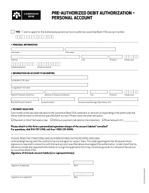 Fillable Online PRE-AUTHORIZED DEBIT AUTHORIZATION PERsONAl AccOUNT Fax Email Print - pdfFiller