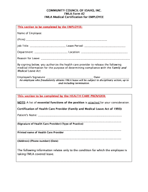 Fillable Online COMMUNITY COUNCIL OF IDAHO INC FMLA Form 2 FMLA Medical ...