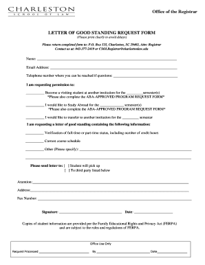 Fillable Online charlestonlaw Office of the Registrar LETTER OF GOOD ...