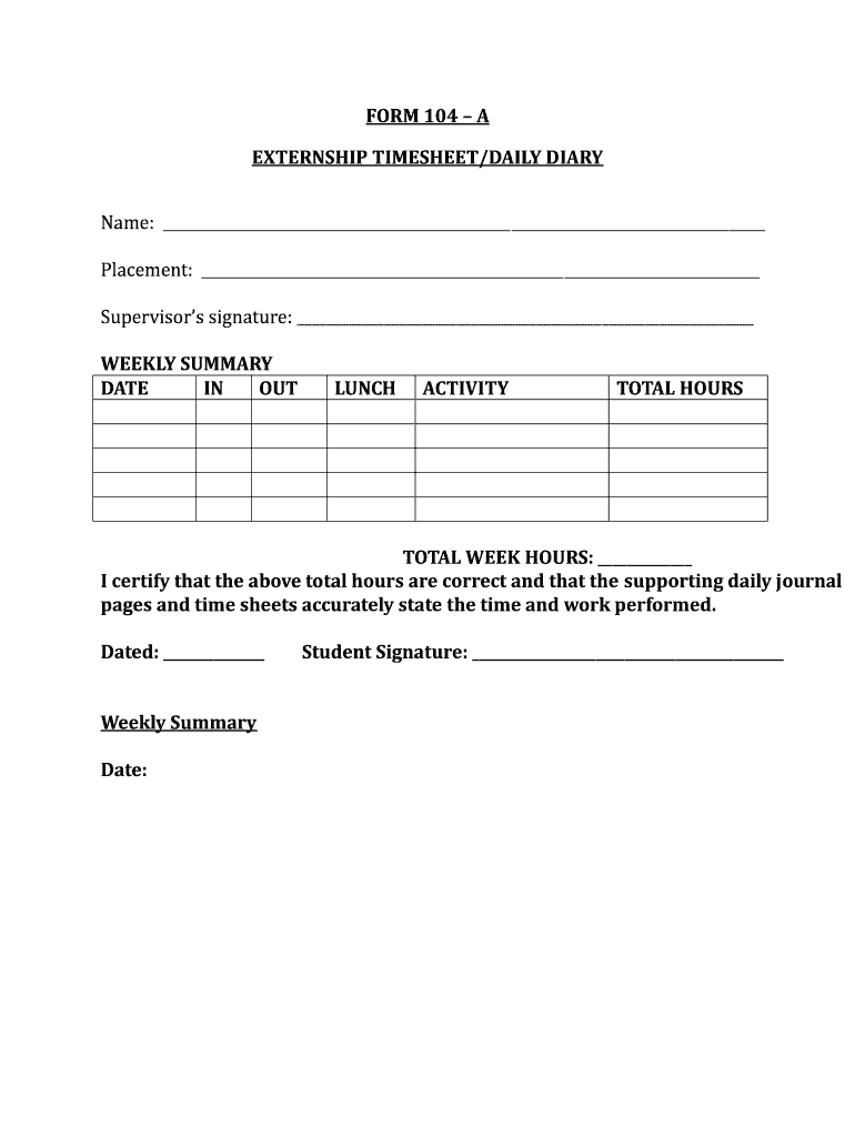 Fillable Online charlestonlaw FORM 104 A EXTERNSHIP TIMESHEETDAILY DIARY - charlestonlaw Fax ...