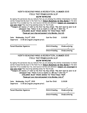 Fillable Online northreadingma 70815 GLOW BOWLING PERMISSION SLIP ...